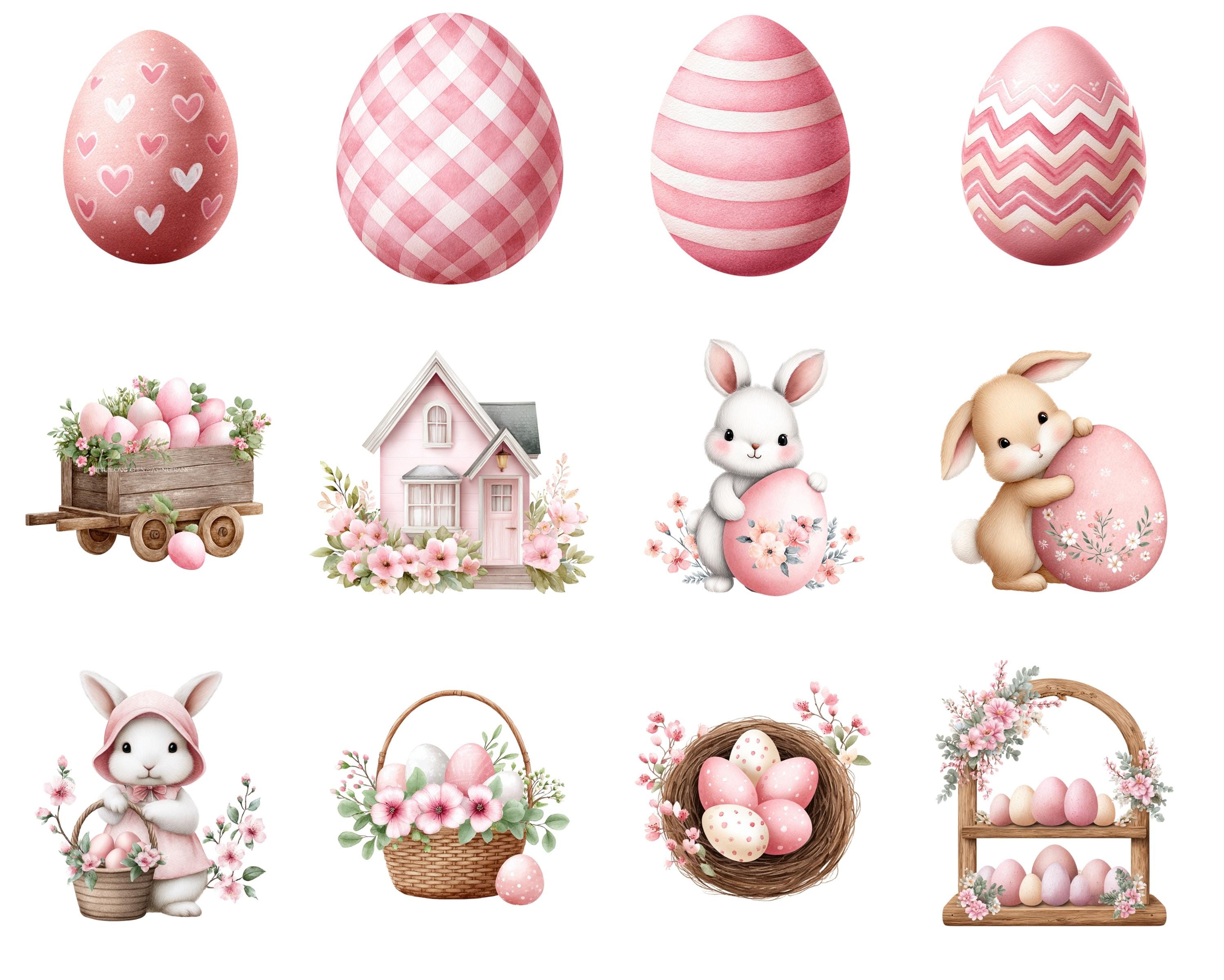 Pink Easter Watercolor Clipart Bundle. Bunny, Rabbit, Eggs, Commercial ...