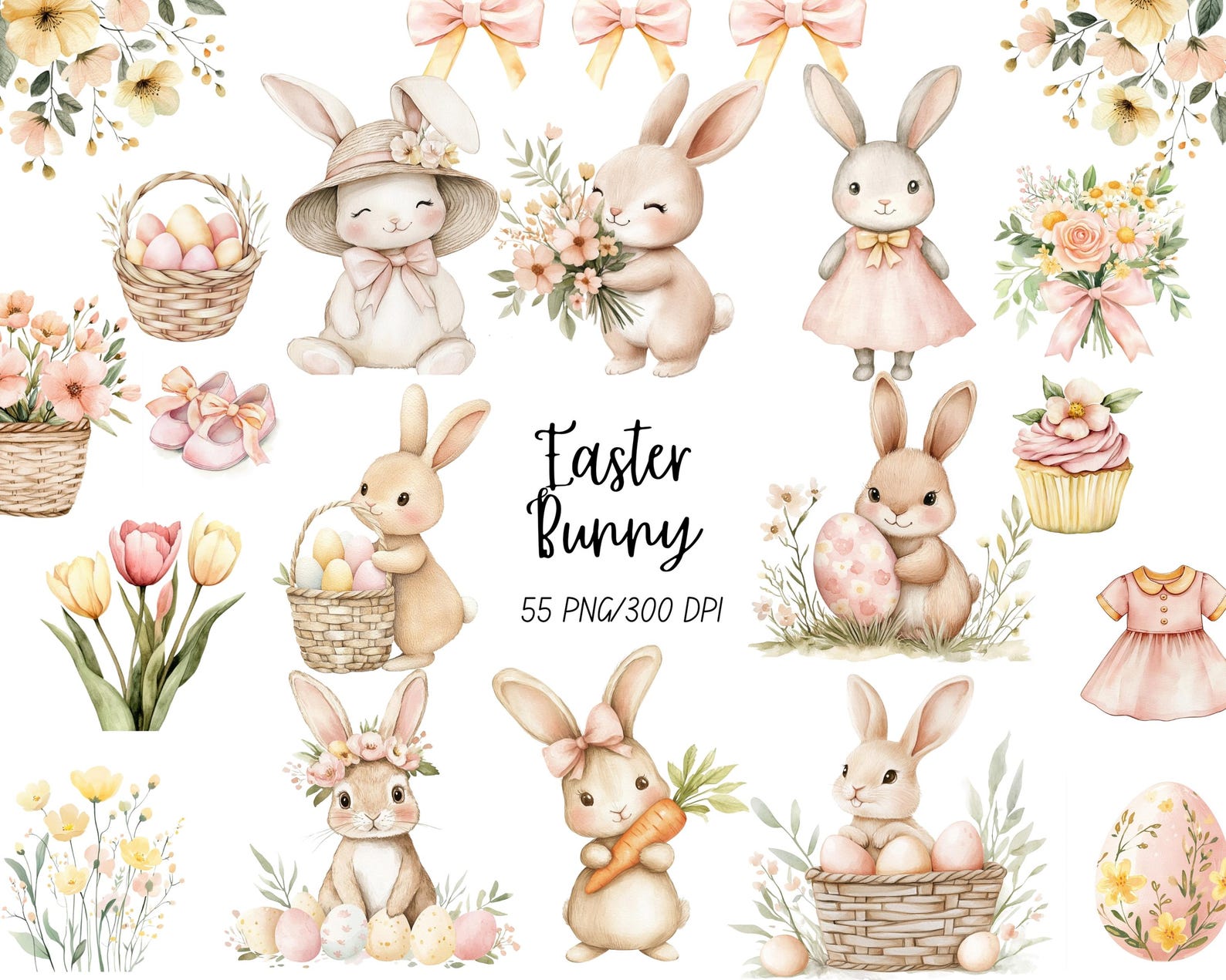Pink Bunny Clipart – Spring Easter Rabbits With Flowers for Baby Shower ...