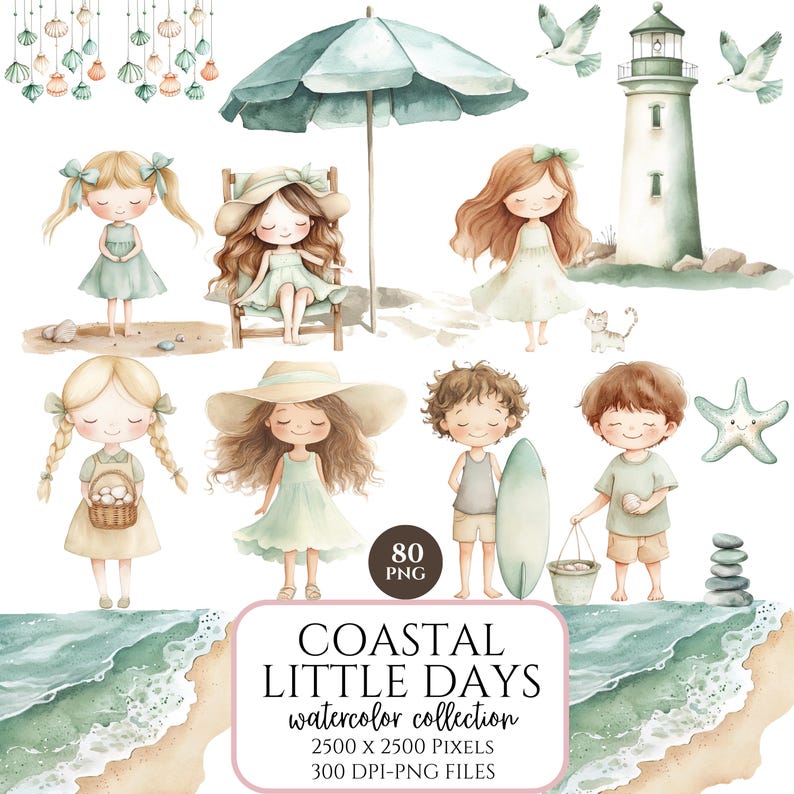 Coastal Clipart, Cute Kids Boho Summer, Nautical Decor, Seashells ...