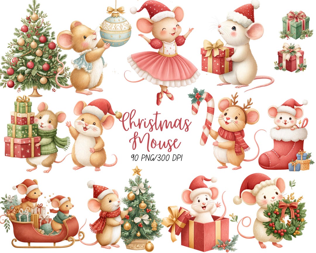 Watercolor Christmas Mouse Clipart Bundle | Cute Holiday Mice PNG Set ...