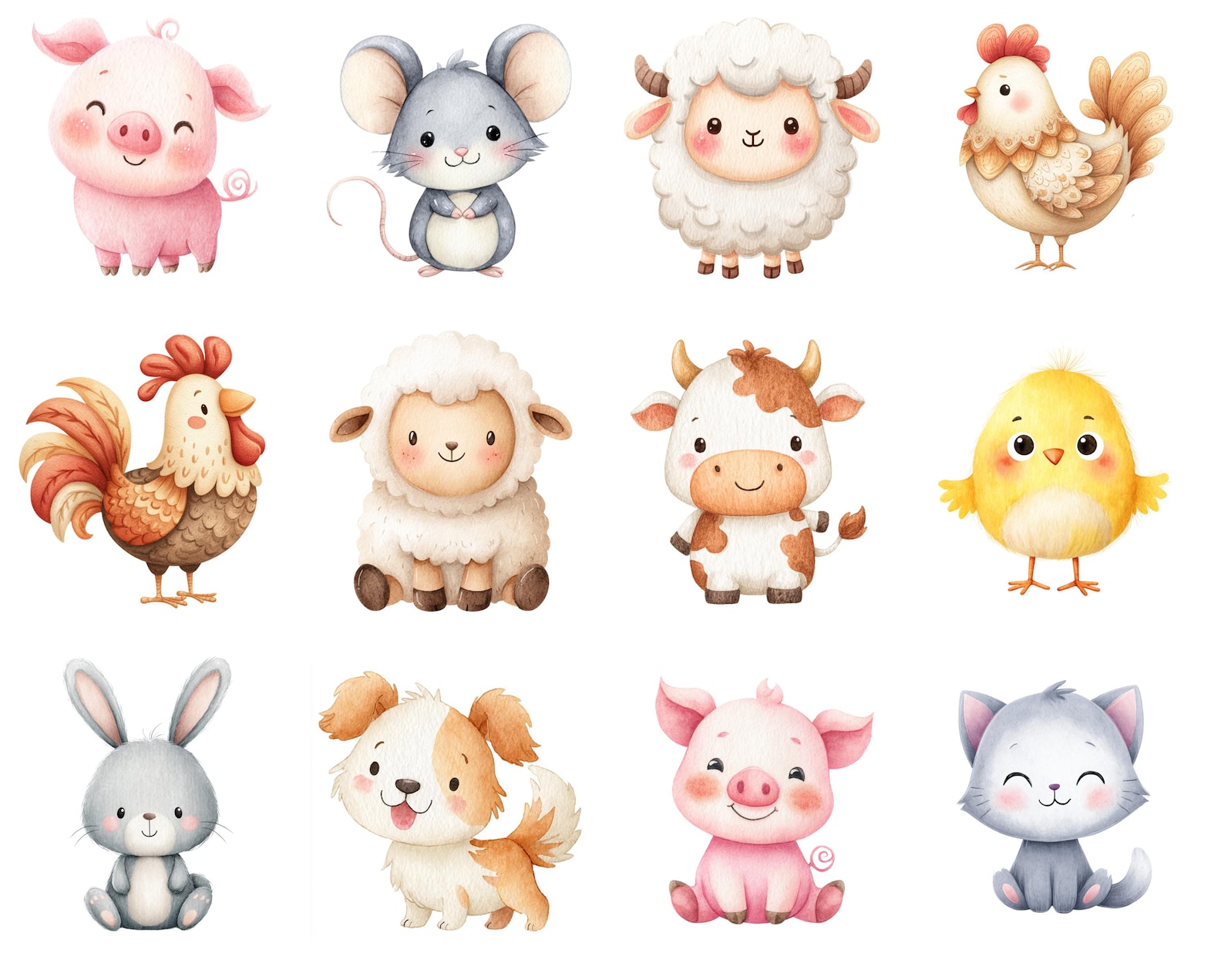 Cute Farm Clipart, Farm Animals Watercolor Digital Clipart, Farm ...