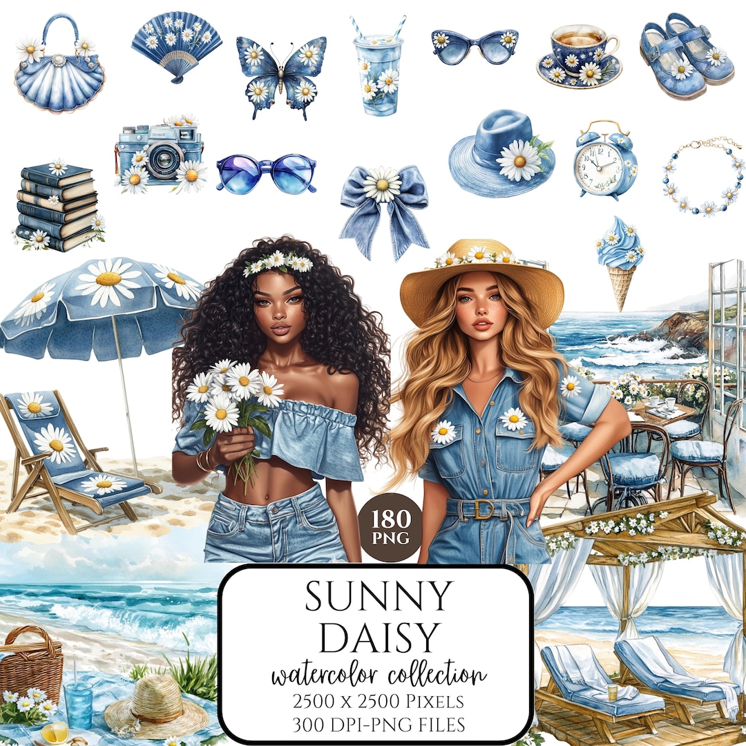 Watercolor Summer Daisy Clipart, Denim and Daisies, Cottagecore Spring ...