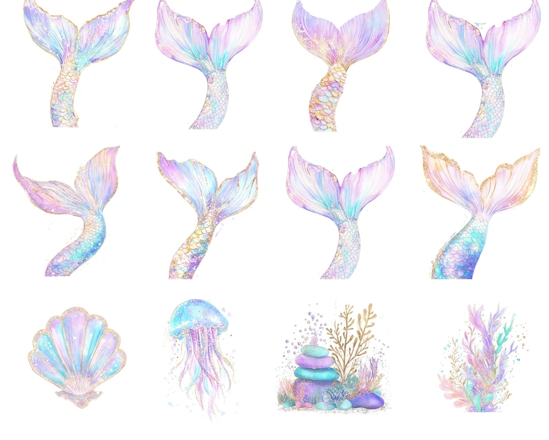 Mermaid Tail Clipart, Watercolor Pastel Under the Sea Clip Art, Mermaid ...