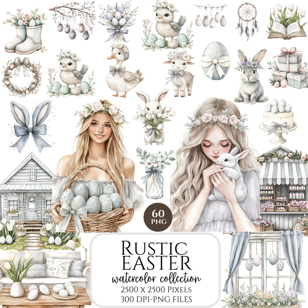 Watercolor Rustic Easter Clipart, Pastel Easter Clip Art, Easter Bunny ...