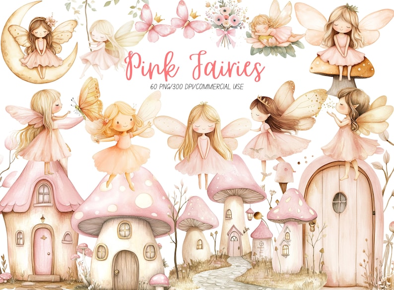 Pastel Fairy Clipart, Pink Woodland Fairies, Watercolor Enchanted ...
