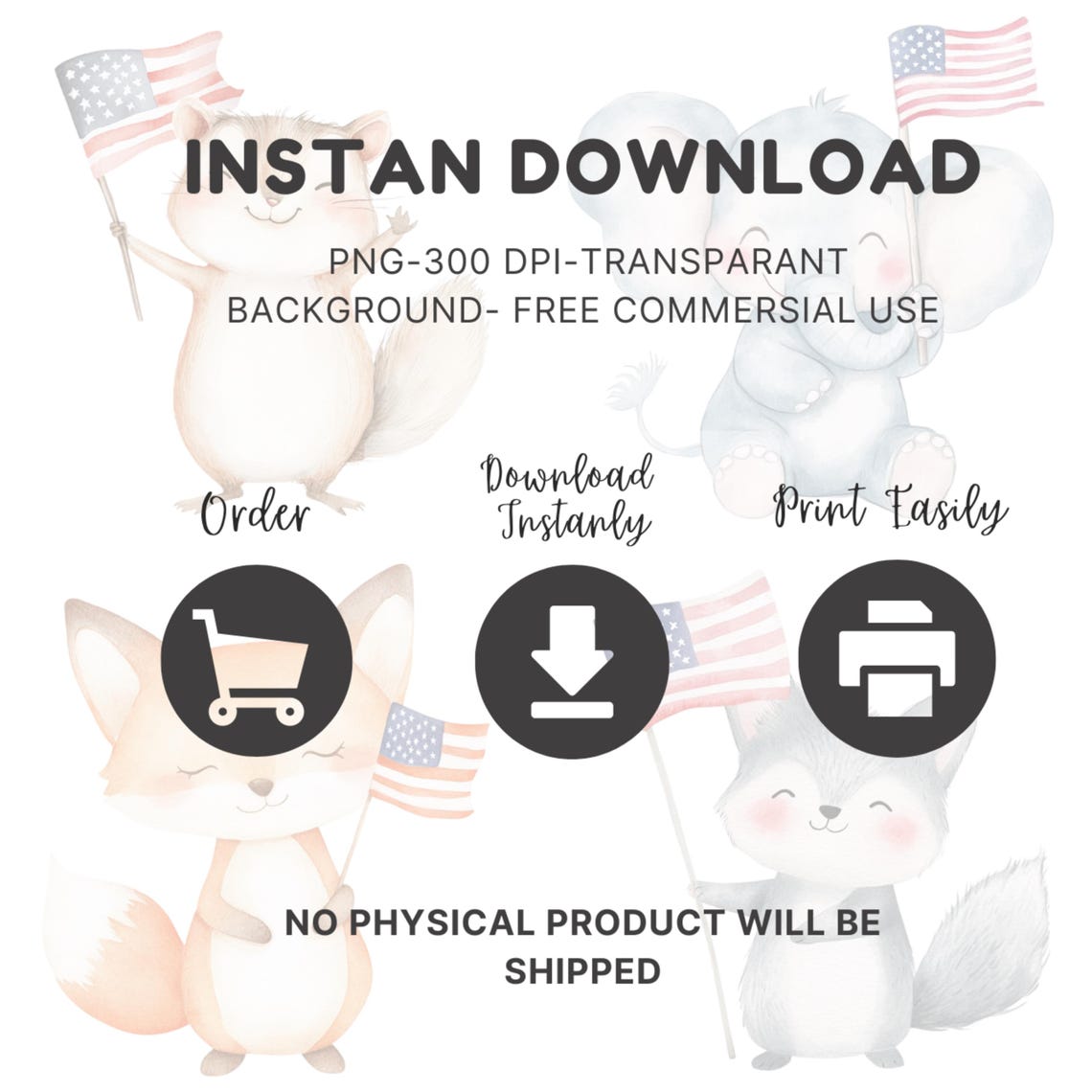 4th of July Cute Animals Clipart, Watercolor Independence Day, Bear Fox ...