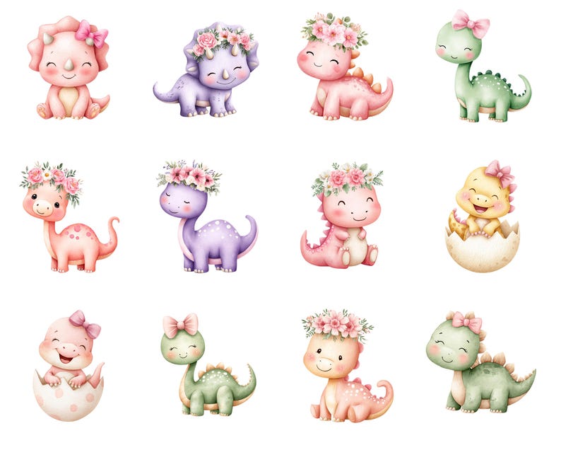 Dinosaurs Watercolor Clipart, Cute Dino PNG, Girly Dinosaur Baby Shower ...