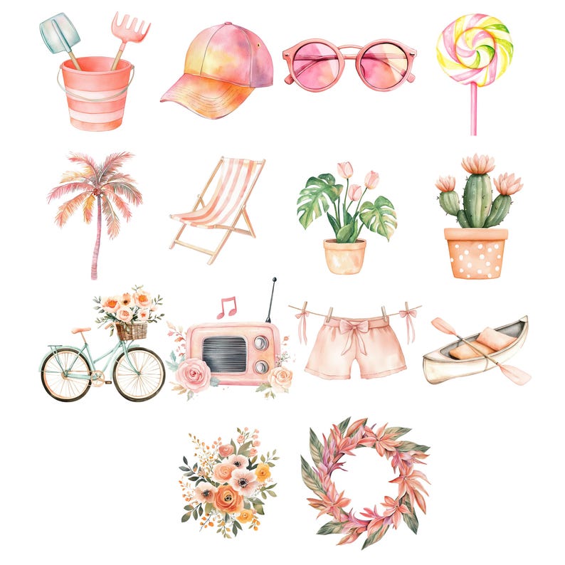 Watercolor Summer Clipart, Cute Summer PNG Set, Beach and Sunshine ...