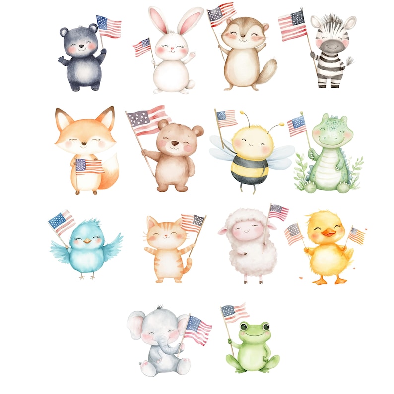 4th of July Cute Animals Clipart, Watercolor Independence Day, Bear Fox ...