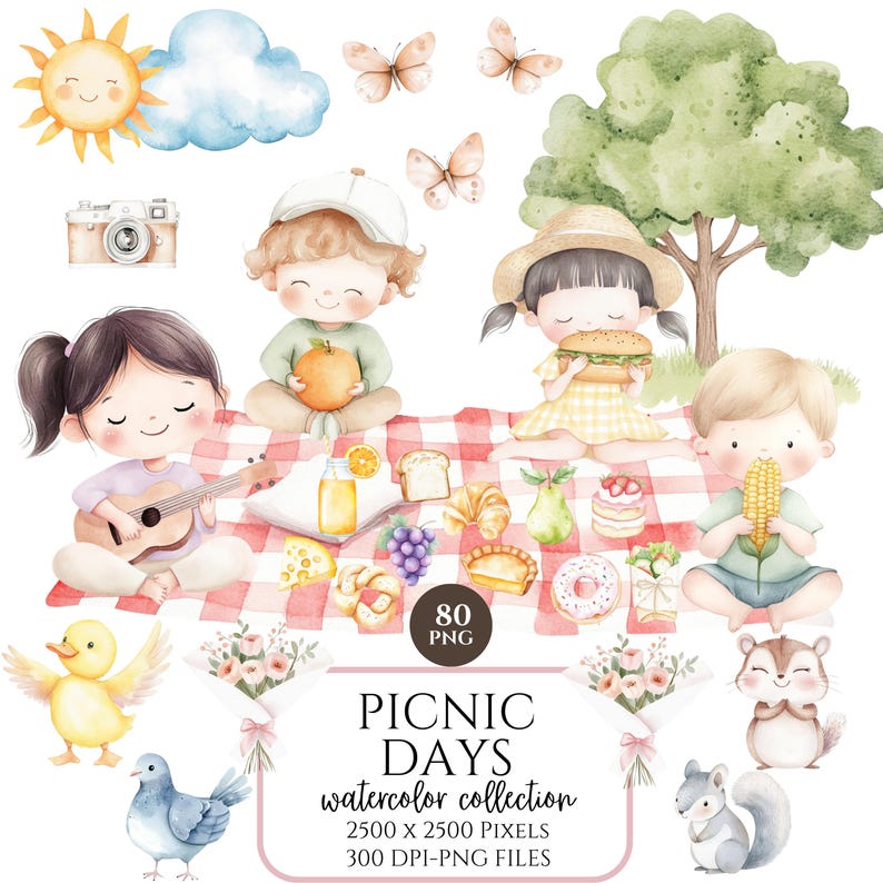 Watercolor Picnic Animals Clipart, Cute Picnic Party PNG, Basket ...