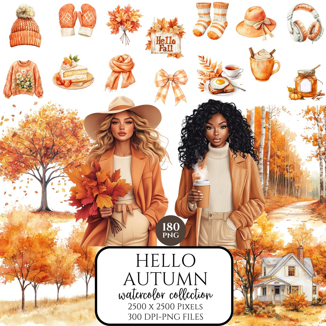 Watercolor Hello Autumn Clipart, Cozy Fall PNG, Cottagecore Pumpkins ...