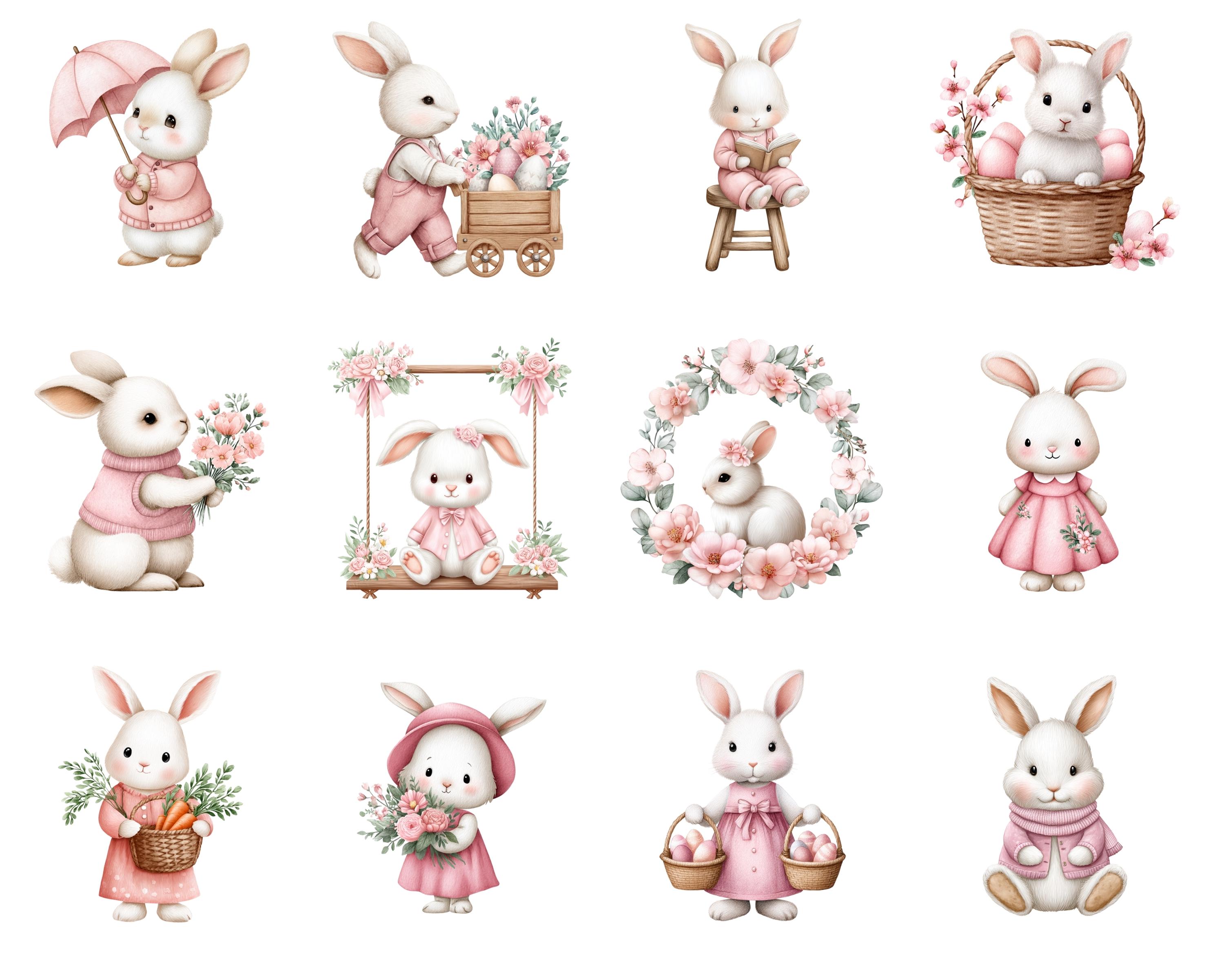 Pink Easter Watercolor Clipart Bundle. Bunny, Rabbit, Eggs, Commercial ...