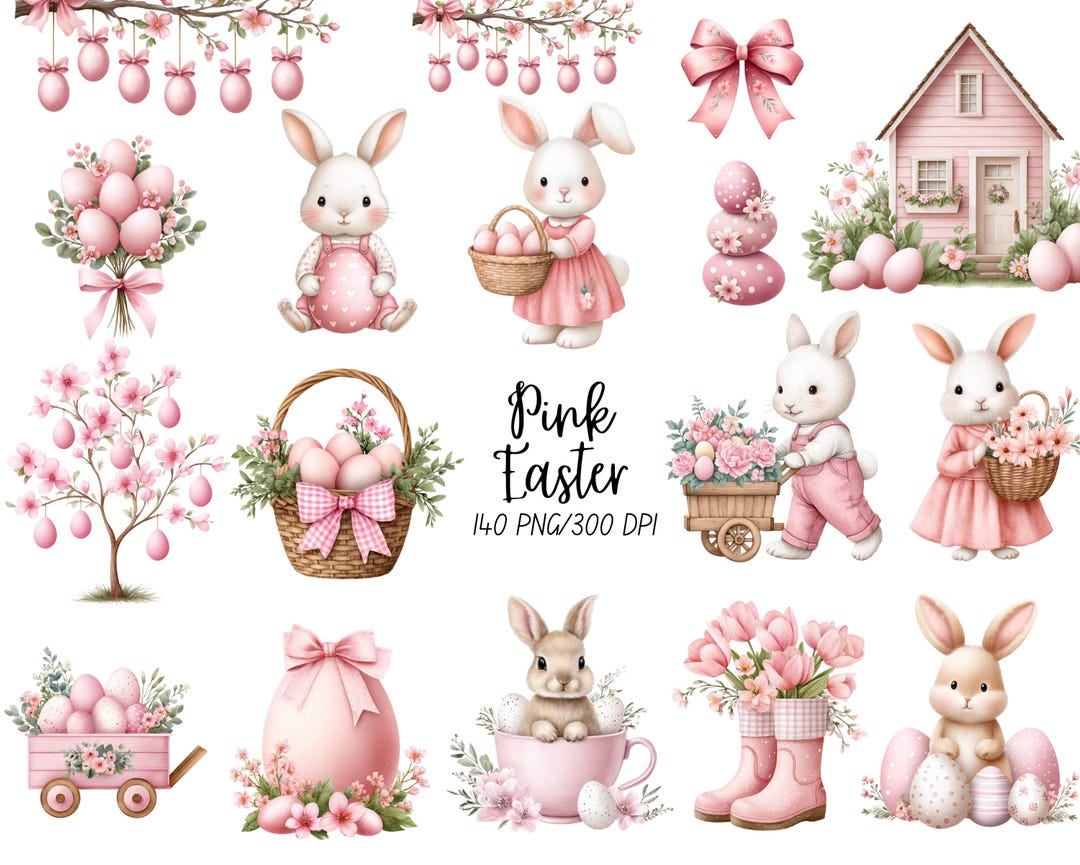 Pink Easter Watercolor Clipart Bundle. Bunny, Rabbit, Eggs, Commercial ...