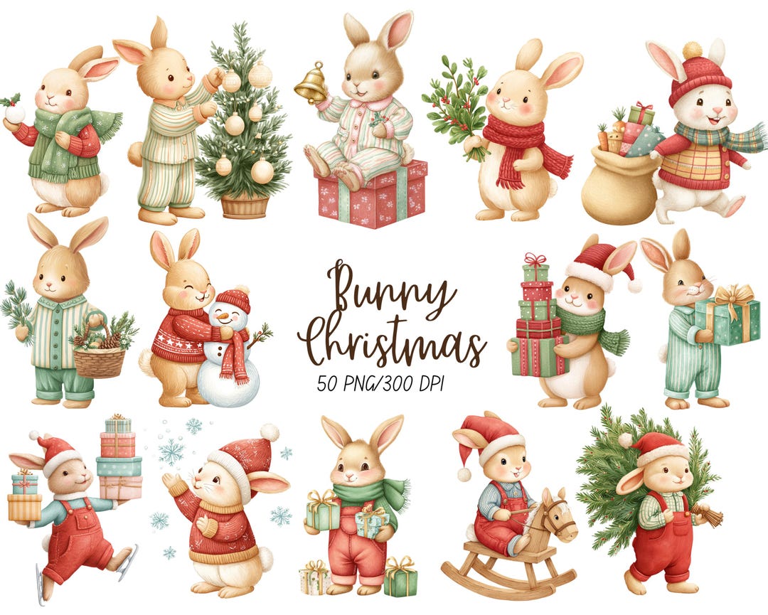Christmas Bunny Clipart: Festive Holiday Bunnies PNG (digital Download ...