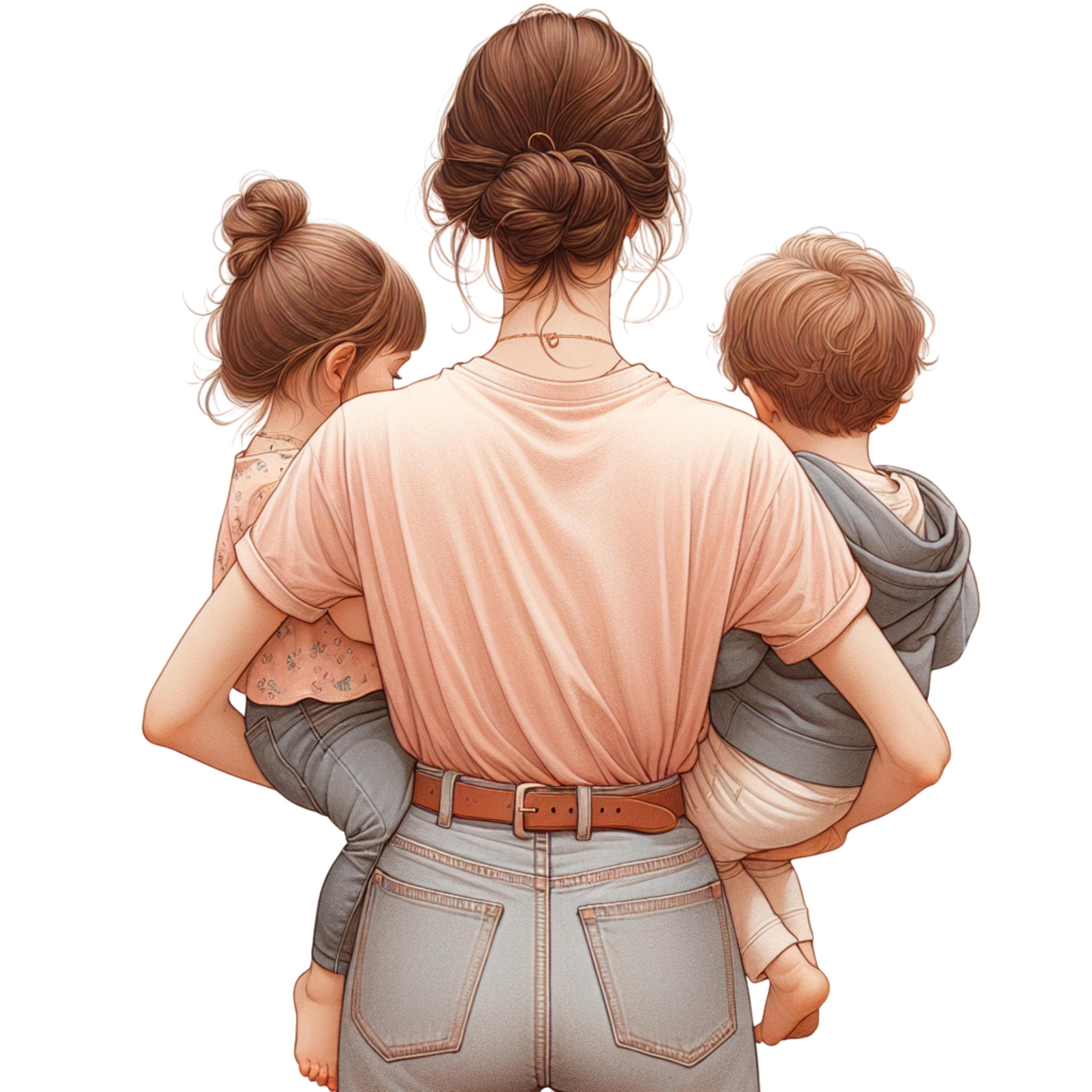 22 PNG Messy Bun Mom Clipart Bundle, Watercolor Mother and Children ...