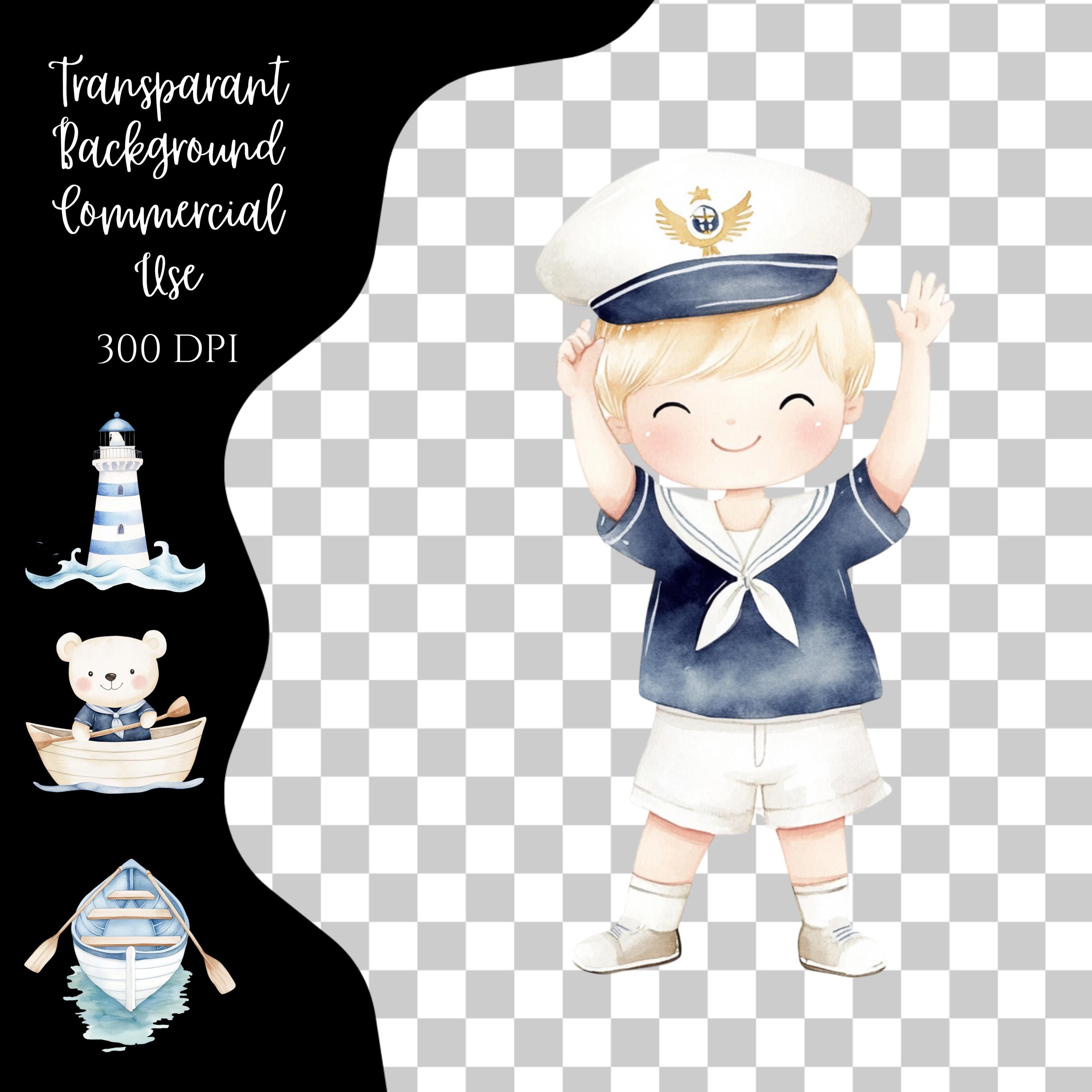 Cute Nautical Clipart, Coastal Animals & Sailors, Navy Boat, Lighthouse ...