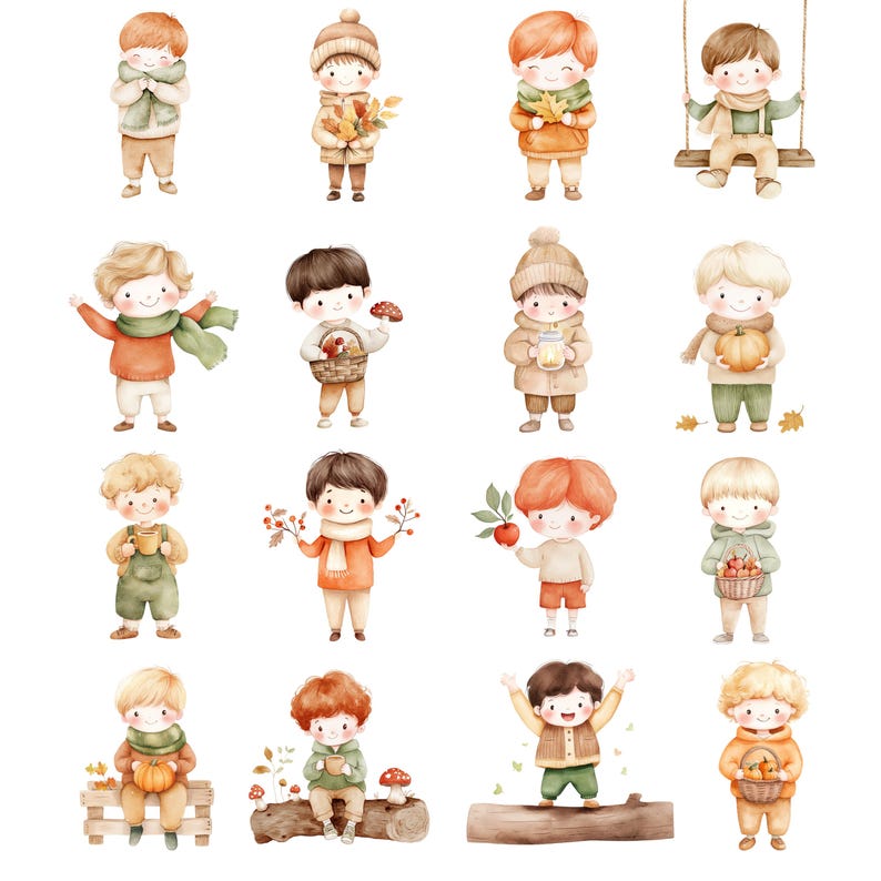 Cute Fall Kids Clipart Bundle – Watercolor Autumn Animals PNG ...
