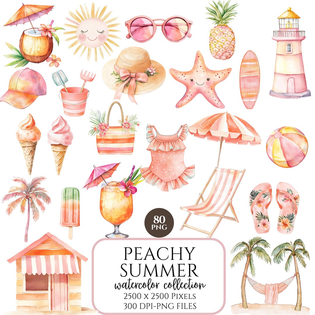 Watercolor Summer Clipart, Cute Summer PNG Set, Beach and Sunshine ...