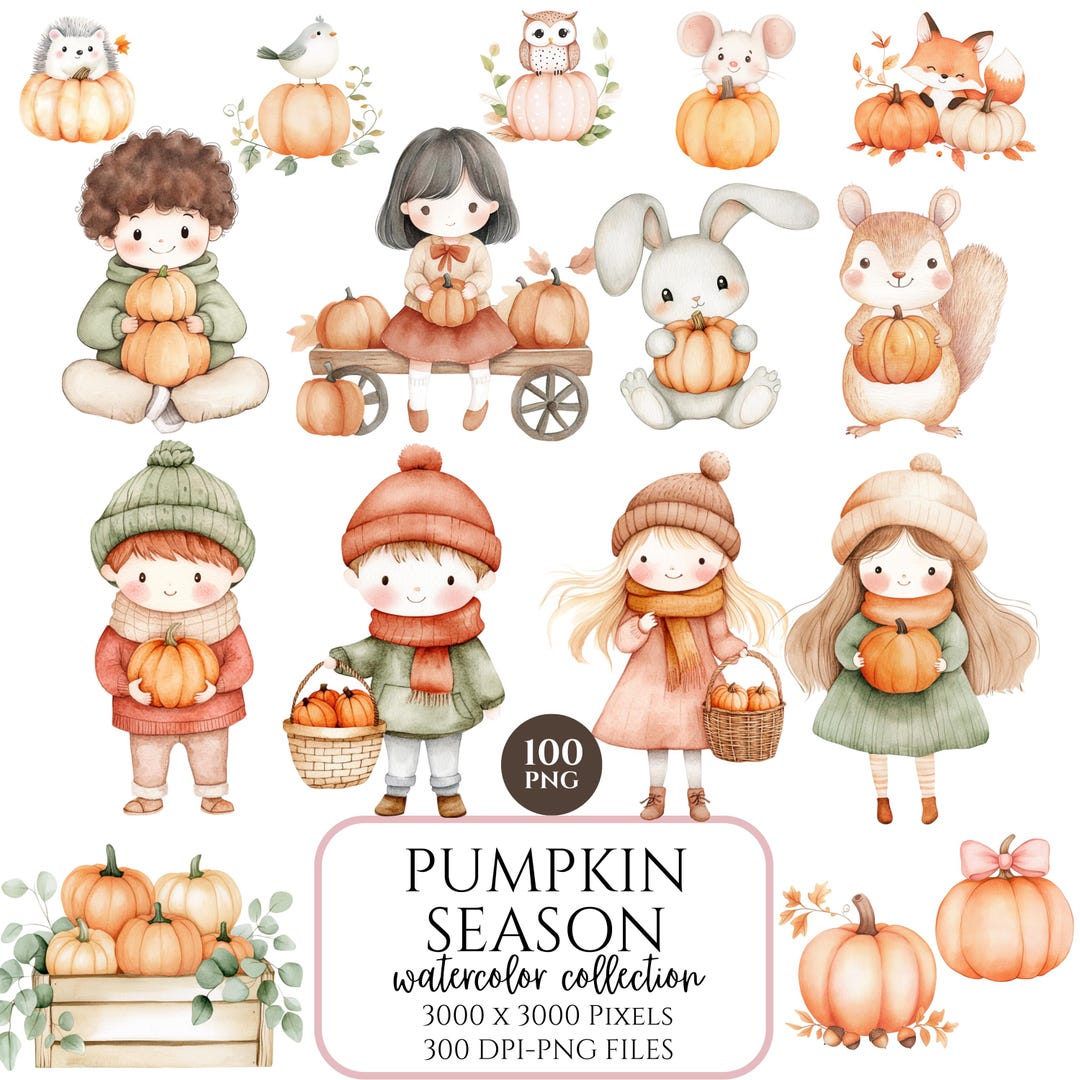 Cute Pumpkins Clipart, Whimsical Autumn Animals, Floral Cottagecore ...