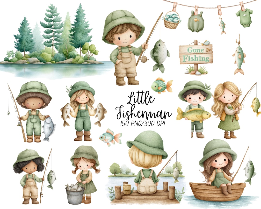 Little Fisherman Clipart, Little Boy Fishing, Printable Watercolor ...