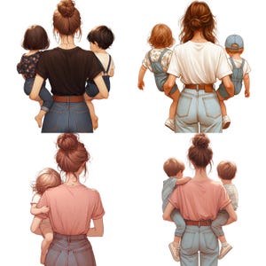 22 PNG Messy Bun Mom Clipart Bundle, Watercolor Mother and Children ...