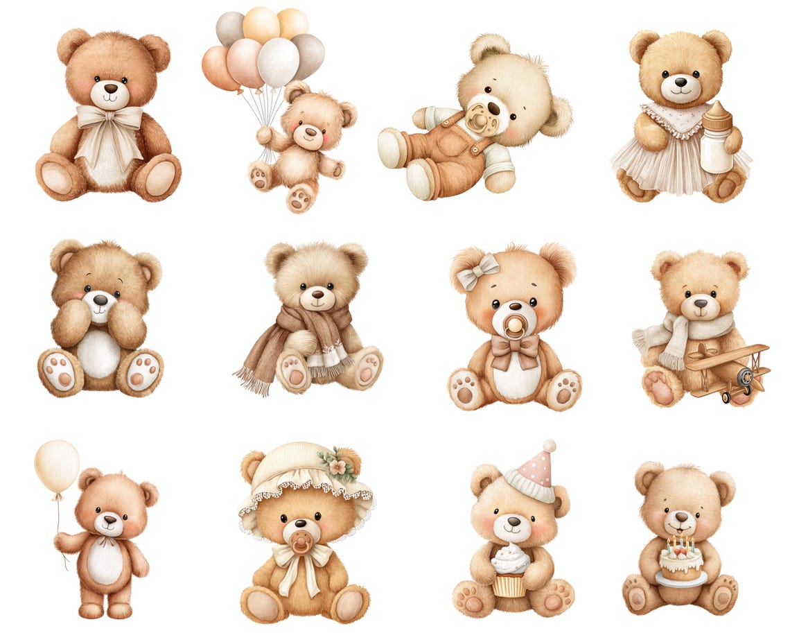 Watercolor Teddy Bear Clipart, Neutral Baby Shower Clipart, Beige ...