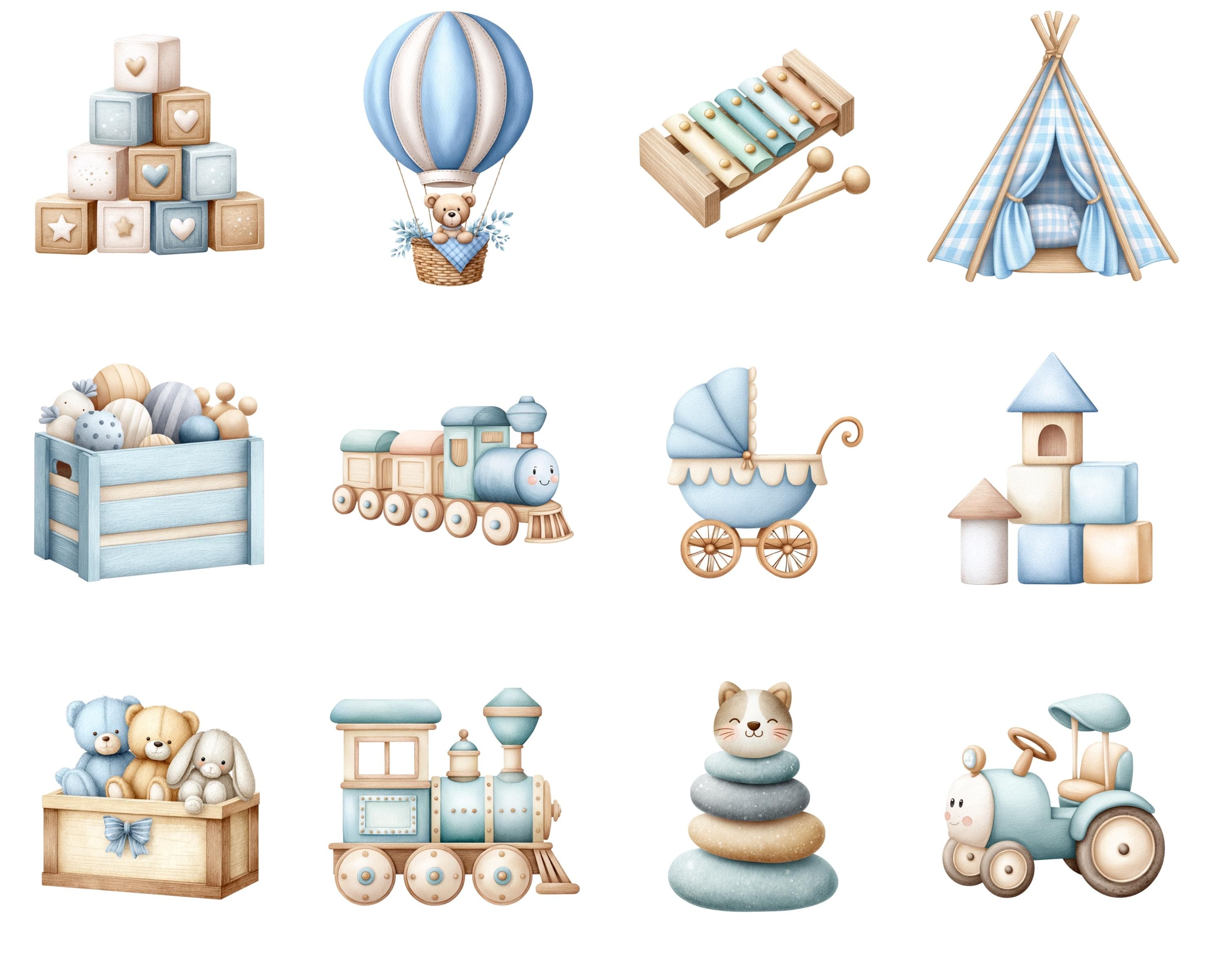 Baby Boy Toys Clipart, Cute Blue Watercolor Nursery Clip Art, Boy Baby ...