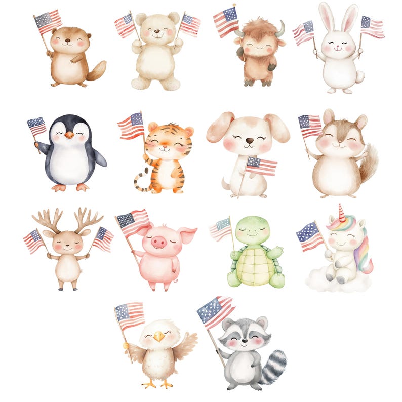 4th of July Cute Animals Clipart, Watercolor Independence Day, Bear Fox ...