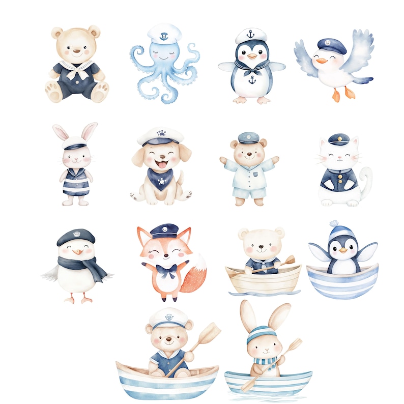 Cute Nautical Clipart, Coastal Animals & Sailors, Navy Boat, Lighthouse ...