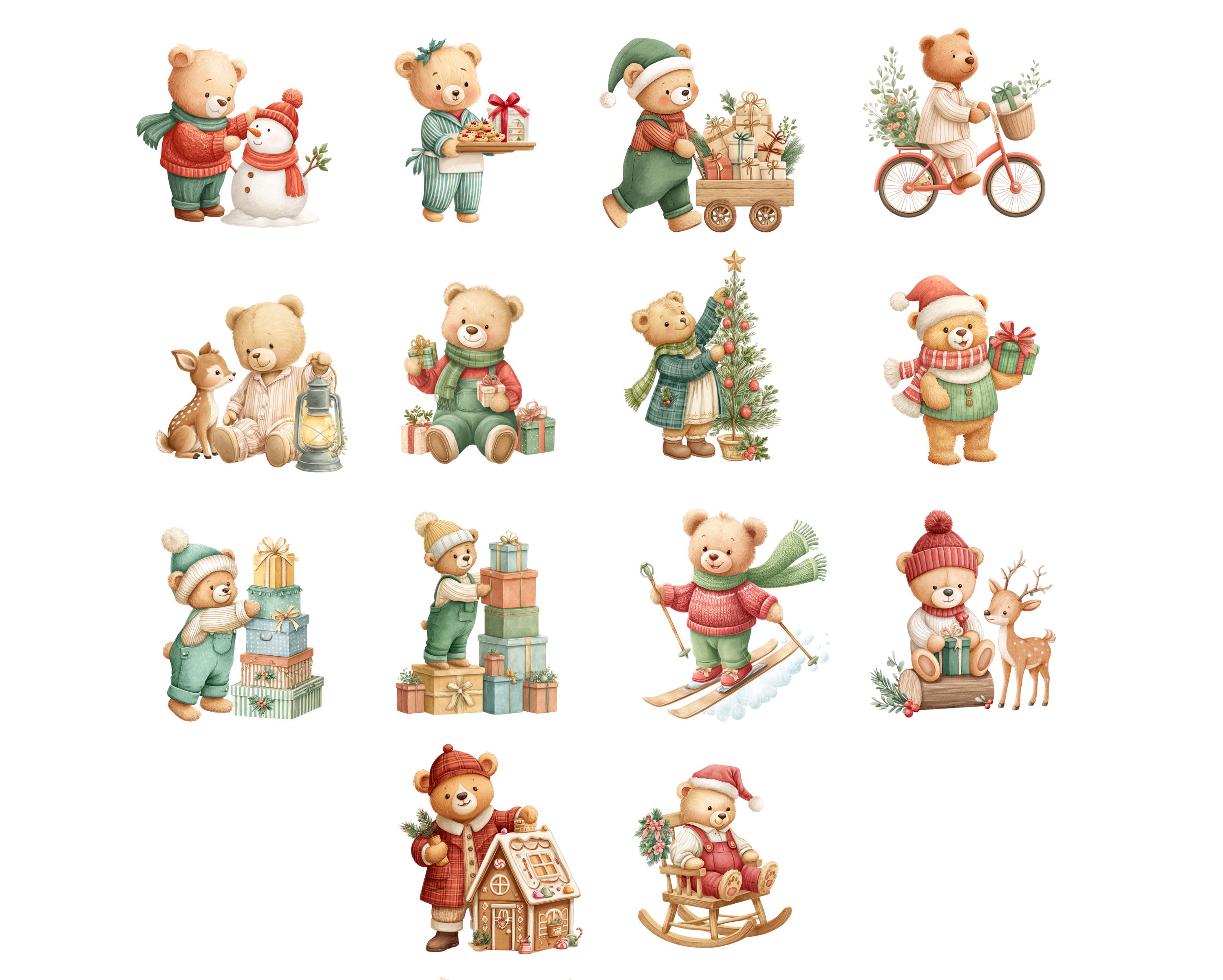 Watercolor Christmas Teddy Bear Clipart Set: PNG Elements (commercial ...