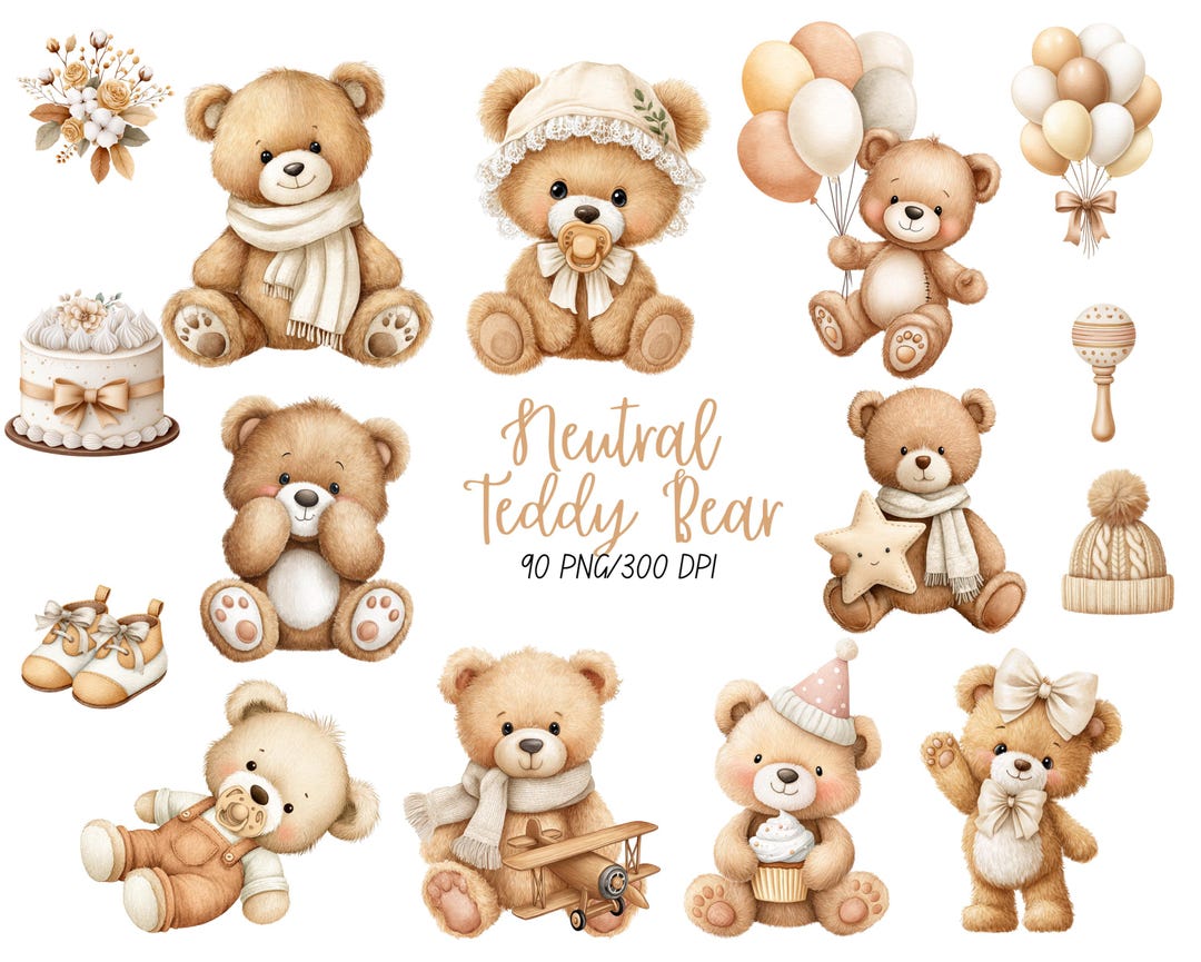Watercolor Teddy Bear Clipart, Neutral Baby Shower Clipart, Beige ...