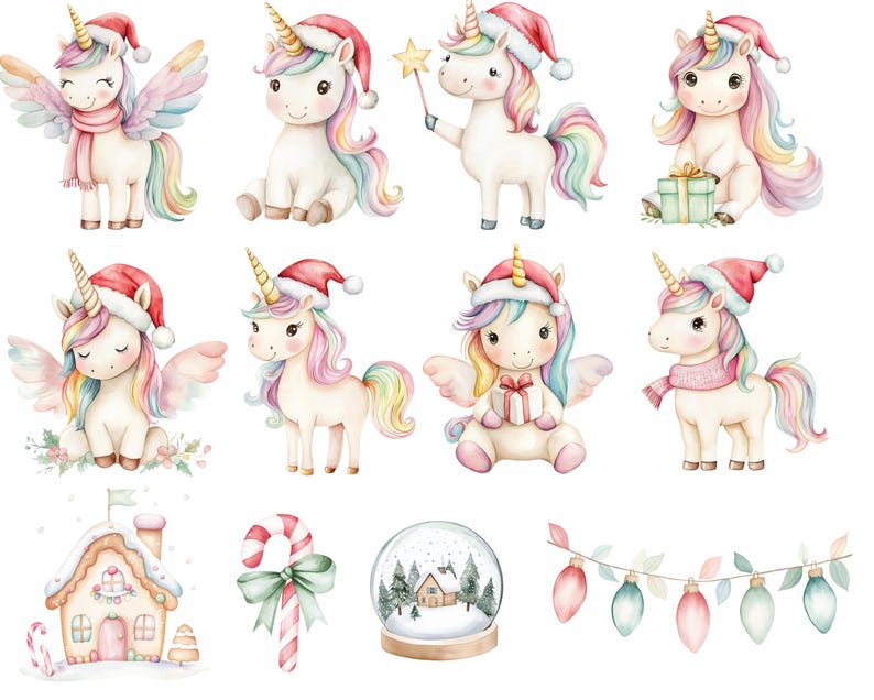 Watercolor Holiday Unicorns Clipart, Cute Christmas Unicorn PNG ...