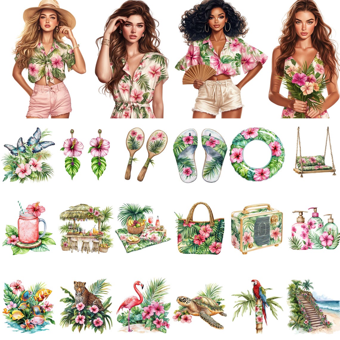 Watercolor Summer Tropical Clipart, Beach Vacation PNG, Tropical Nature ...