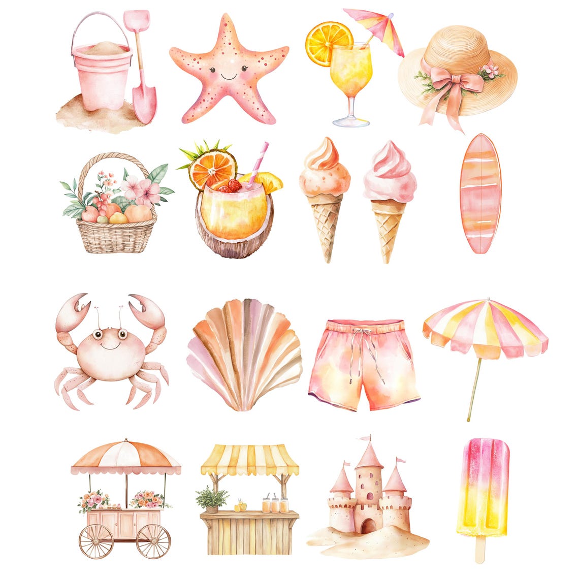 Watercolor Summer Clipart, Cute Summer PNG Set, Beach and Sunshine ...