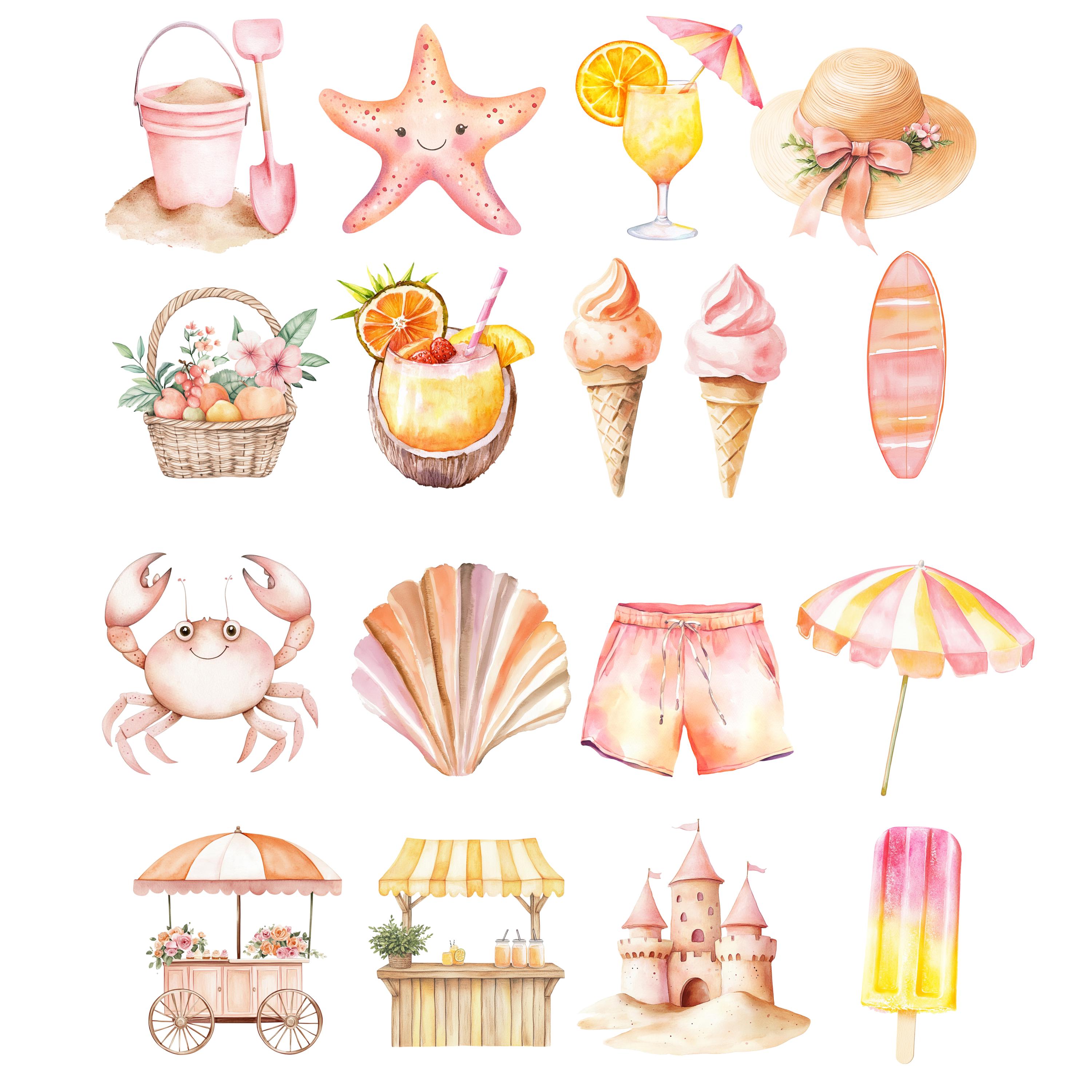 Watercolor Summer Clipart, Cute Summer PNG Set, Beach and Sunshine ...