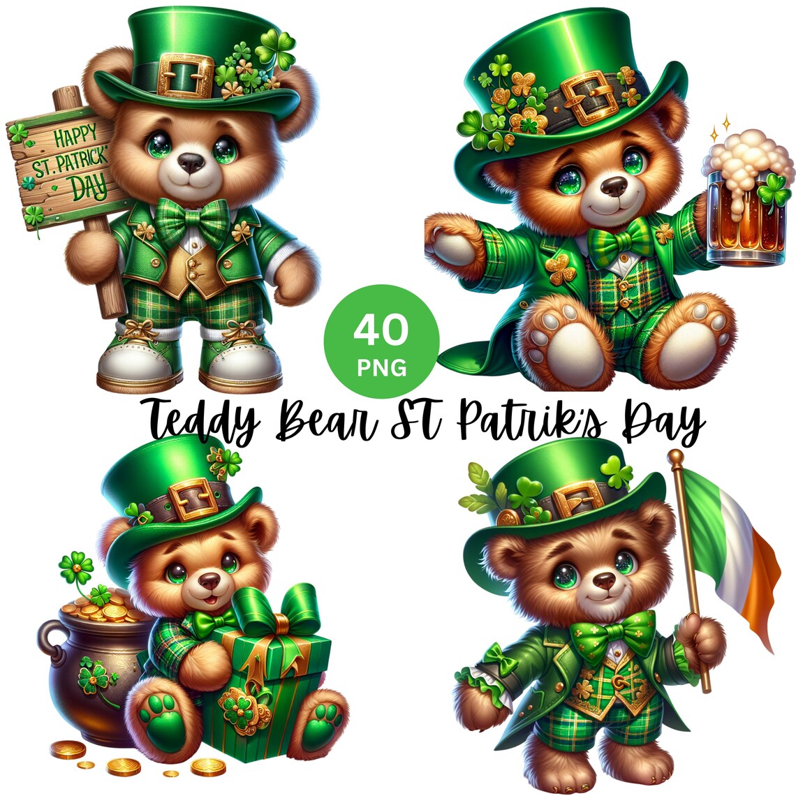 40 PNG St Patrick's Day Teddy Bear Clipart Set, Cute Saint Patrick ...