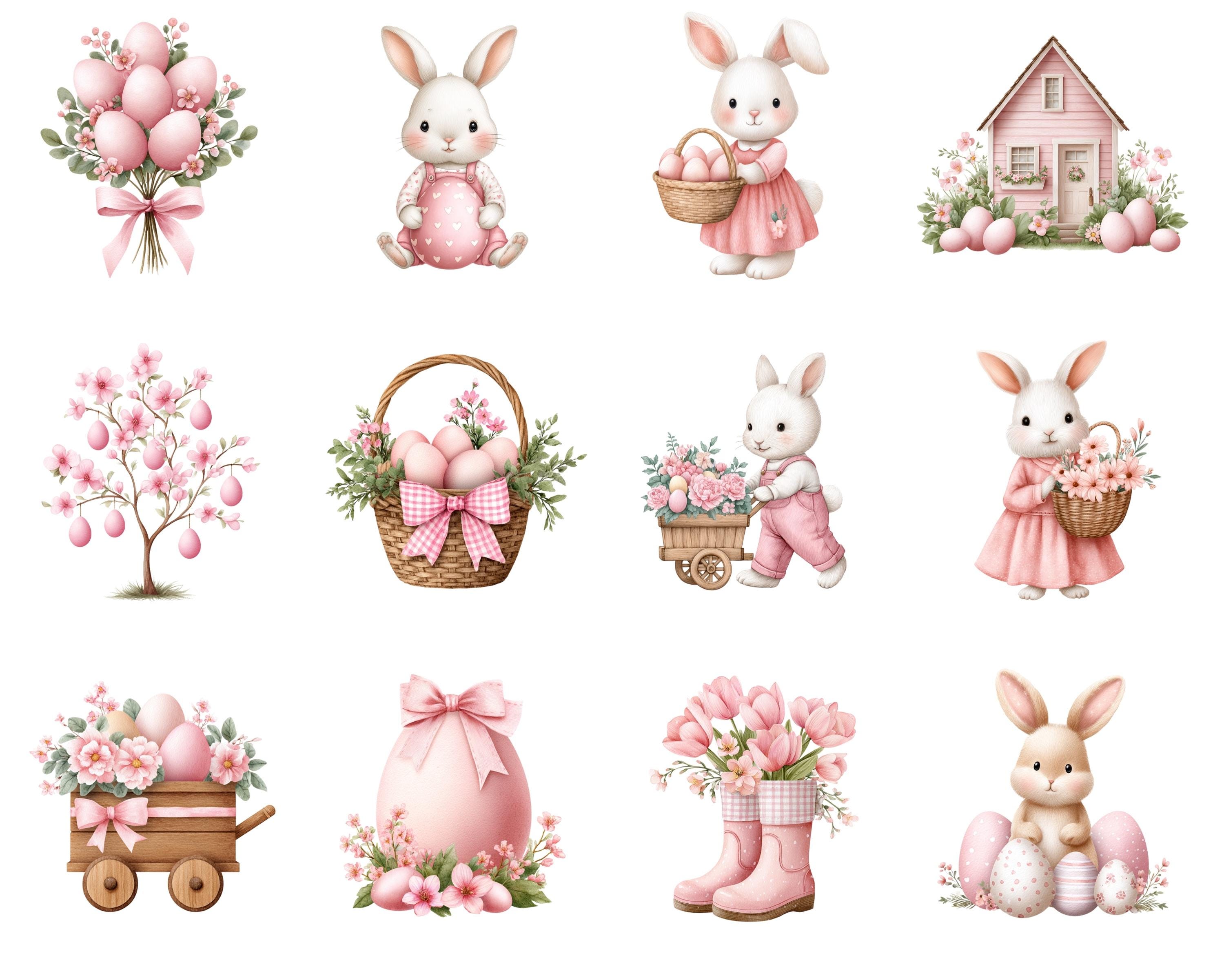 Pink Easter Watercolor Clipart Bundle. Bunny, Rabbit, Eggs, Commercial ...