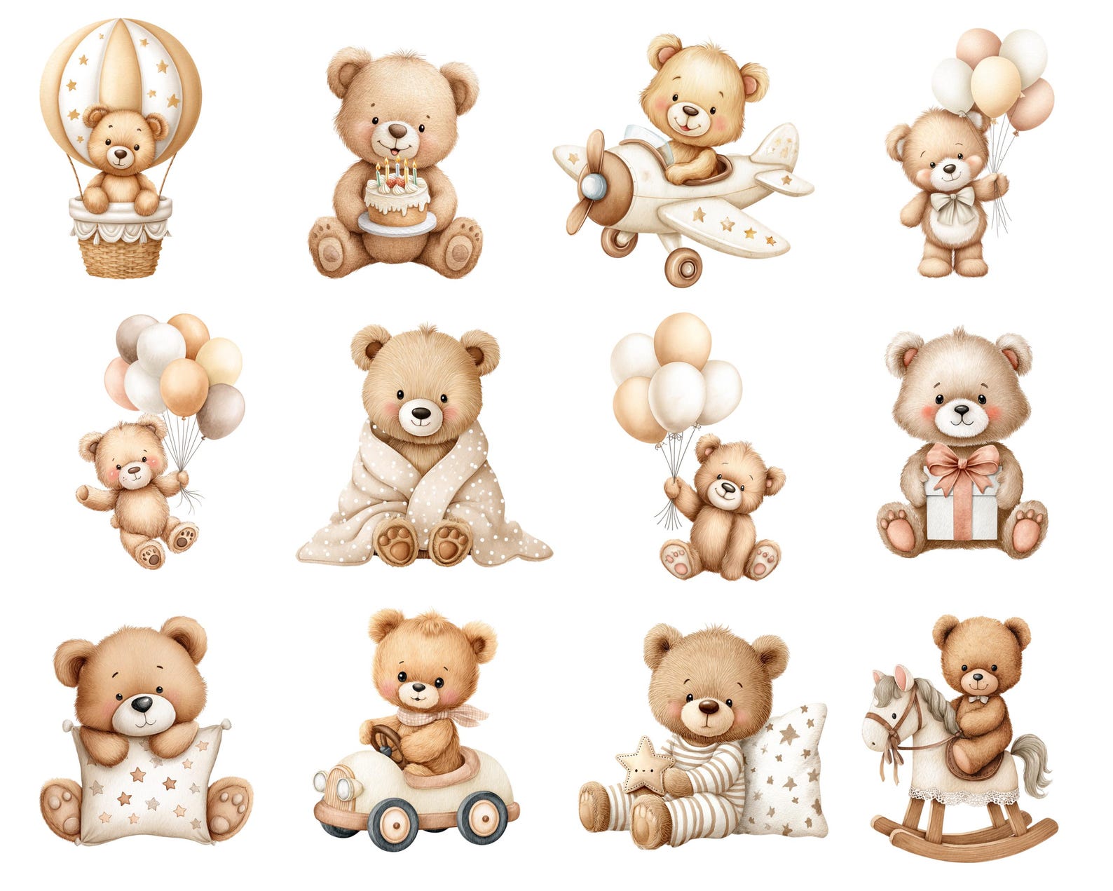 Watercolor Teddy Bear Clipart, Neutral Baby Shower Clipart, Beige ...
