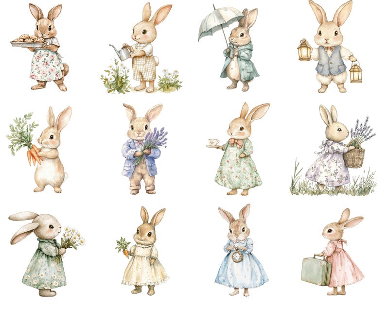 Vintage Bunny Easter Clipart – Spring Watercolor Cottagecore ...