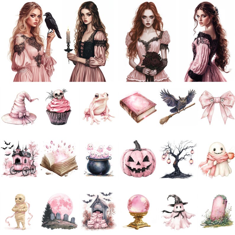Watercolor Pink Halloween Clipart, Pastel Spooky PNG, Soft Feminine ...