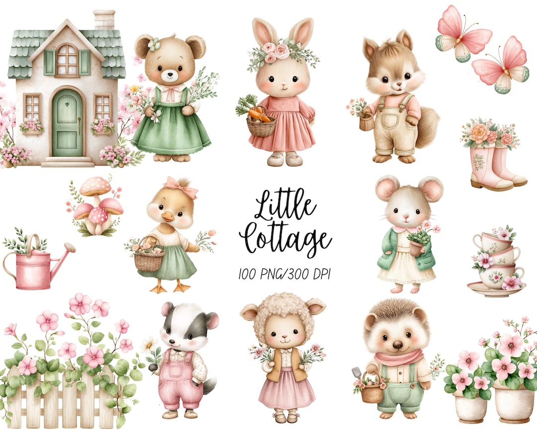 Little Cottage Clipart Vintage Watercolor Animals Spring Easter ...