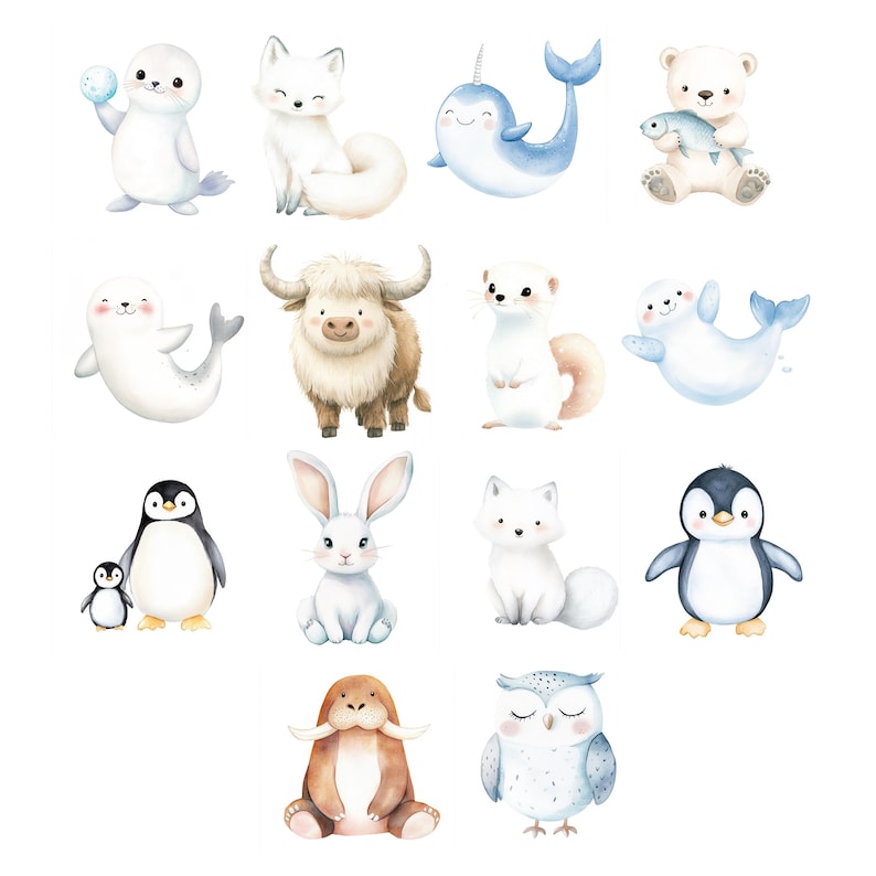 Cute Arctic Animals Clipart Watercolor Winter Polar Animals Boho ...