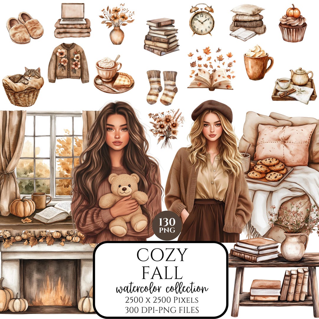 Cozy Fall Clipart Bundle, Watercolor Autumn Graphics, Coffee & Floral ...