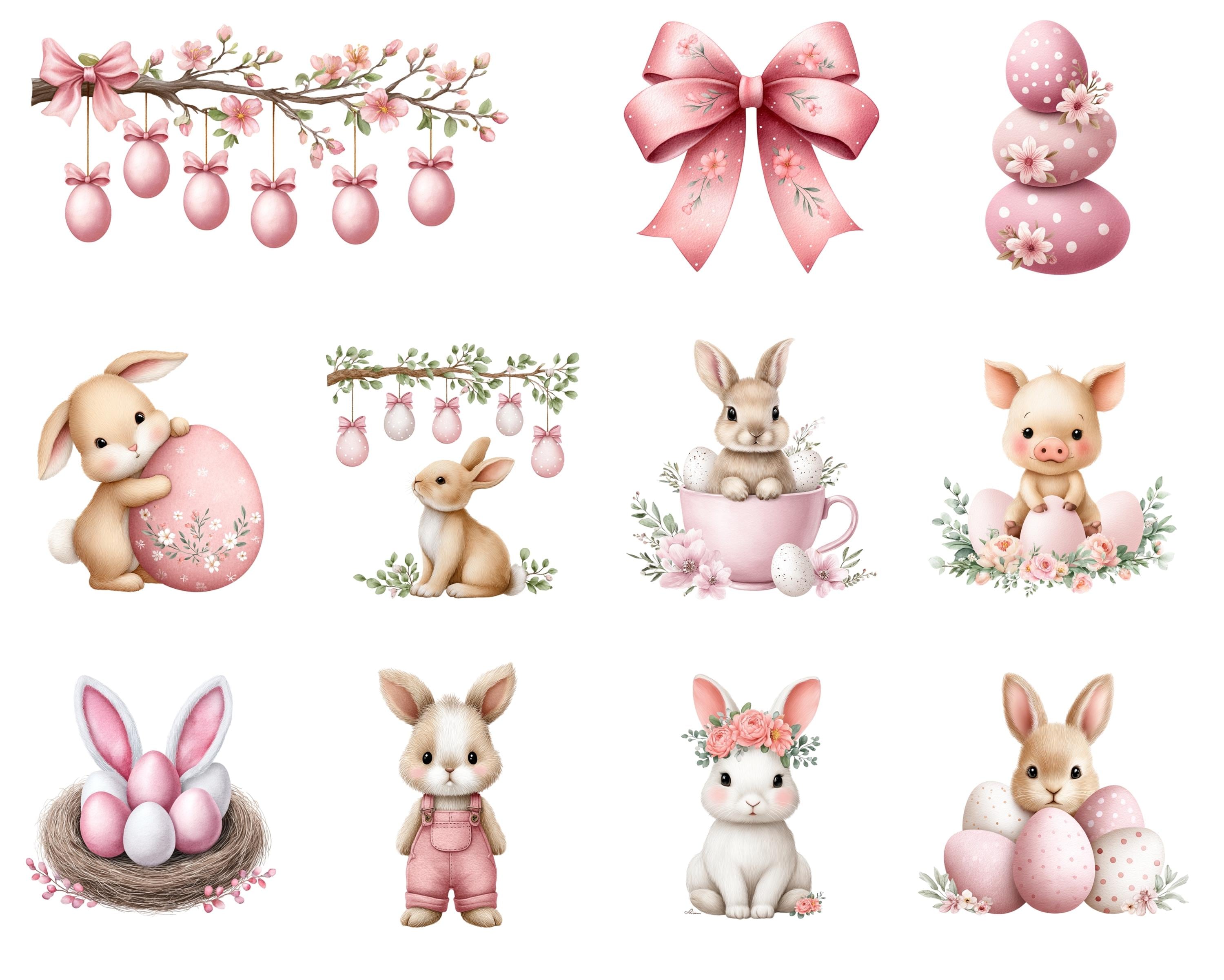 Pink Easter Watercolor Clipart Bundle. Bunny, Rabbit, Eggs, Commercial ...