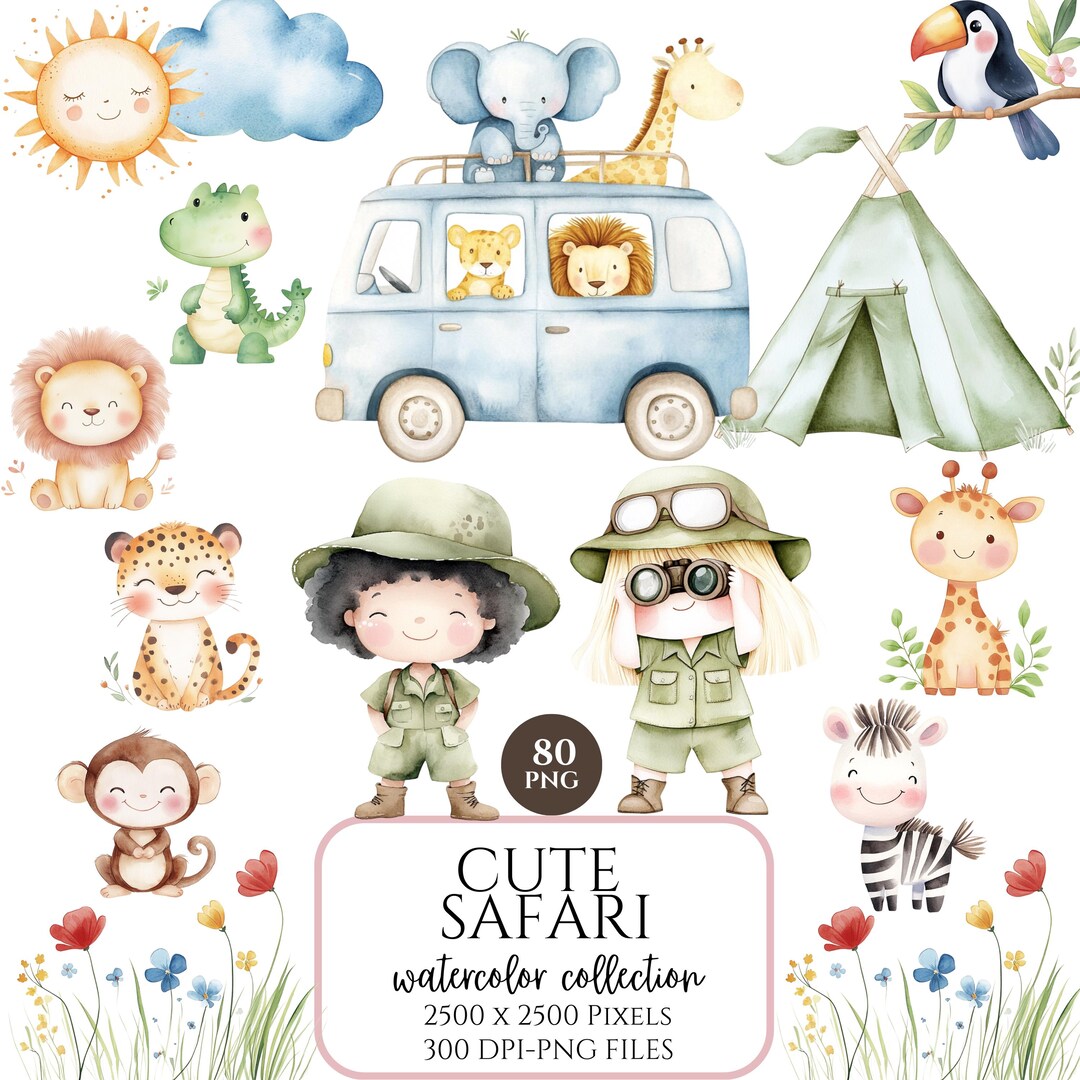 Cute Safari Animals Clipart, Baby Jungle Animal PNG, Watercolor African ...