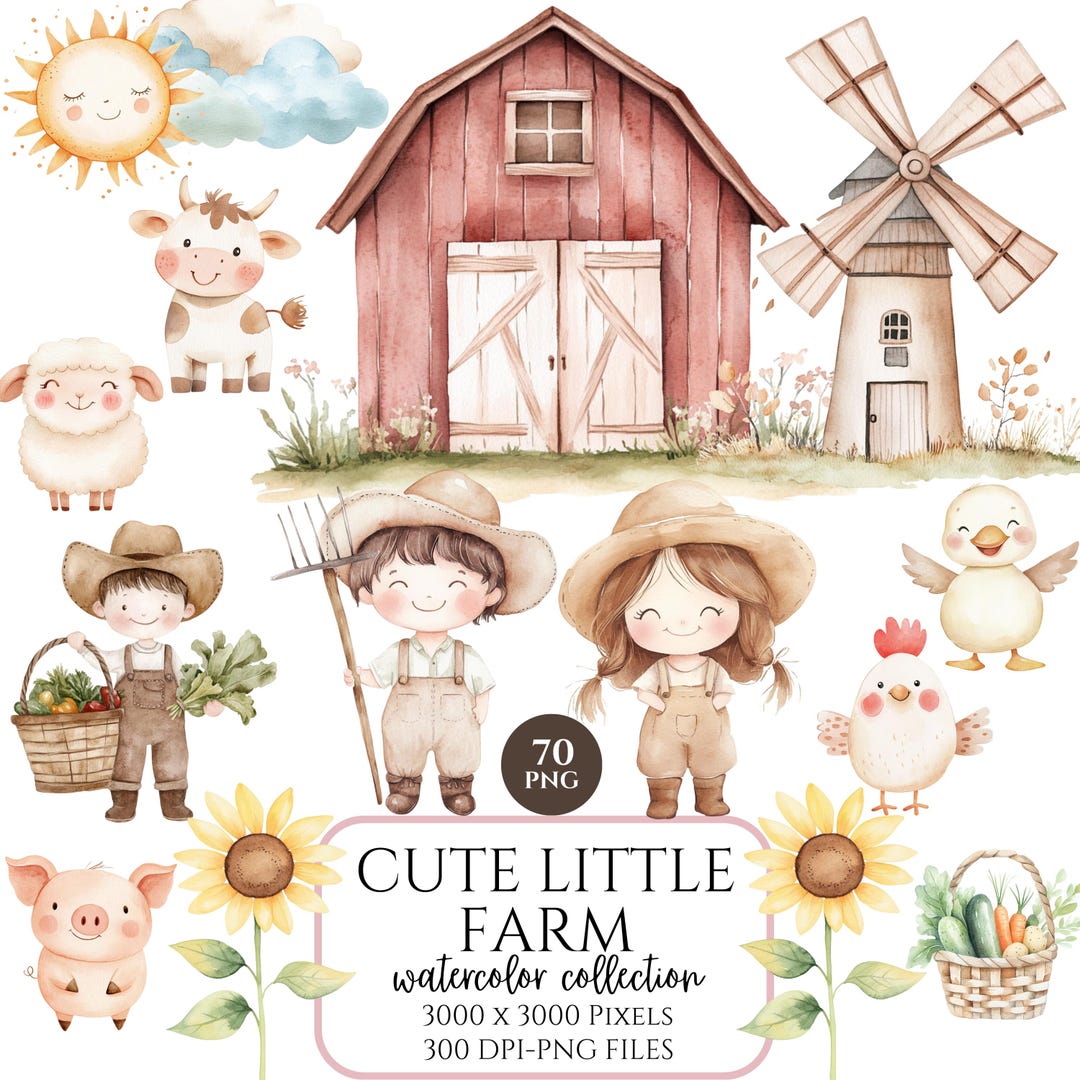 Cute Farm Clipart, Watercolor Barn Animals, Cottage Life PNG, Cute Pig ...