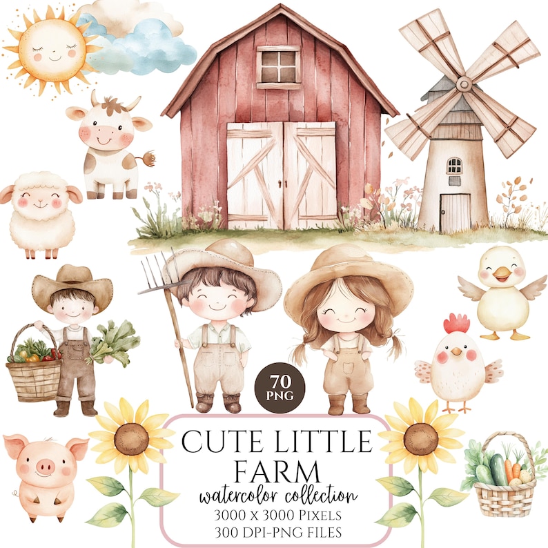 Cute Farm Clipart, Watercolor Barn Animals, Cottage Life PNG, Cute Pig ...