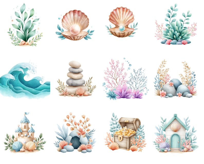 Under the Sea Watercolor Clipart, Ocean Sea Life PNG Bundle, Cute ...