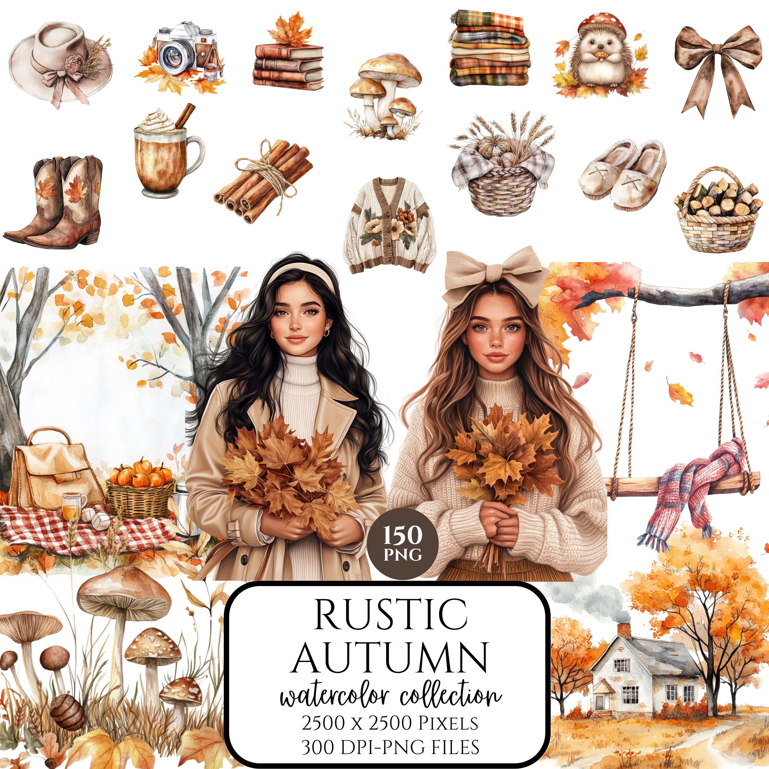 Watercolor Fall Clipart Bundle, Cozy Autumn PNG, Pumpkin & Fall Leaves ...