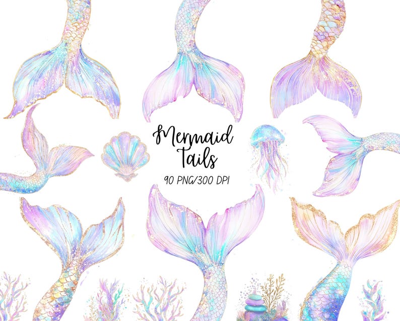 Mermaid Tail Clipart, Watercolor Pastel Under the Sea Clip Art, Mermaid ...